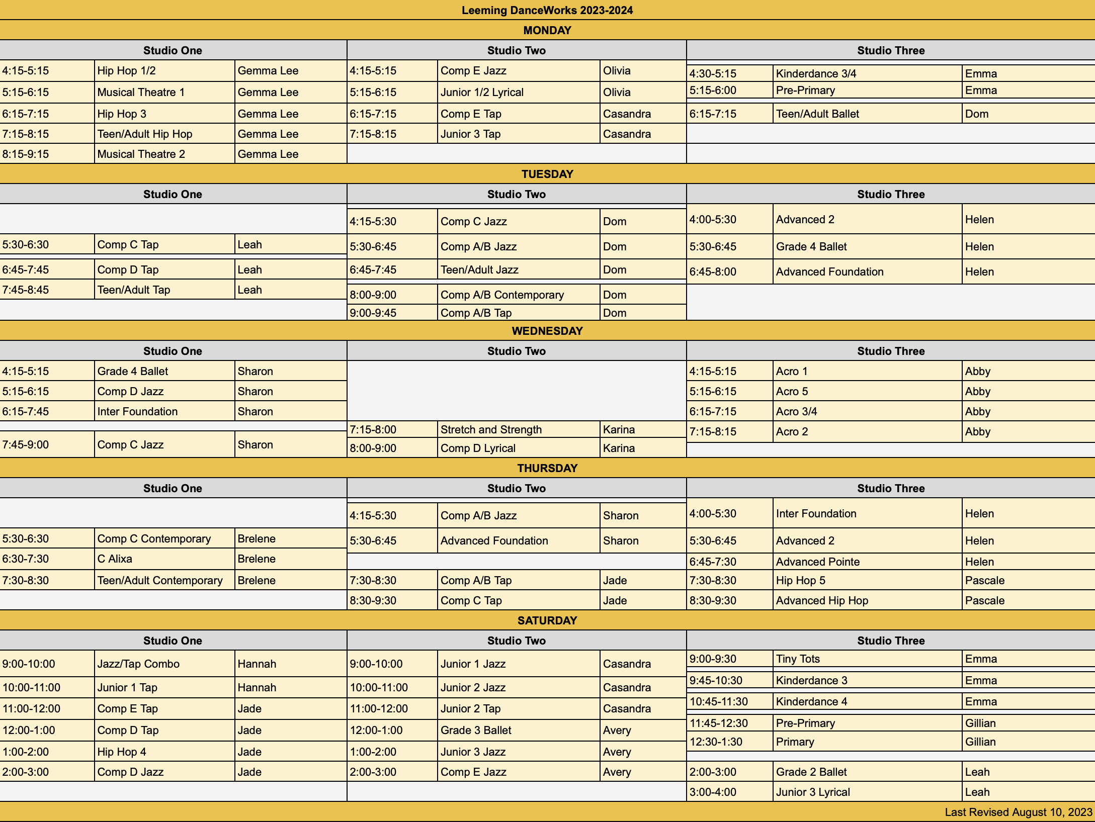 Dance Class Schedule - Leeming DanceWorks