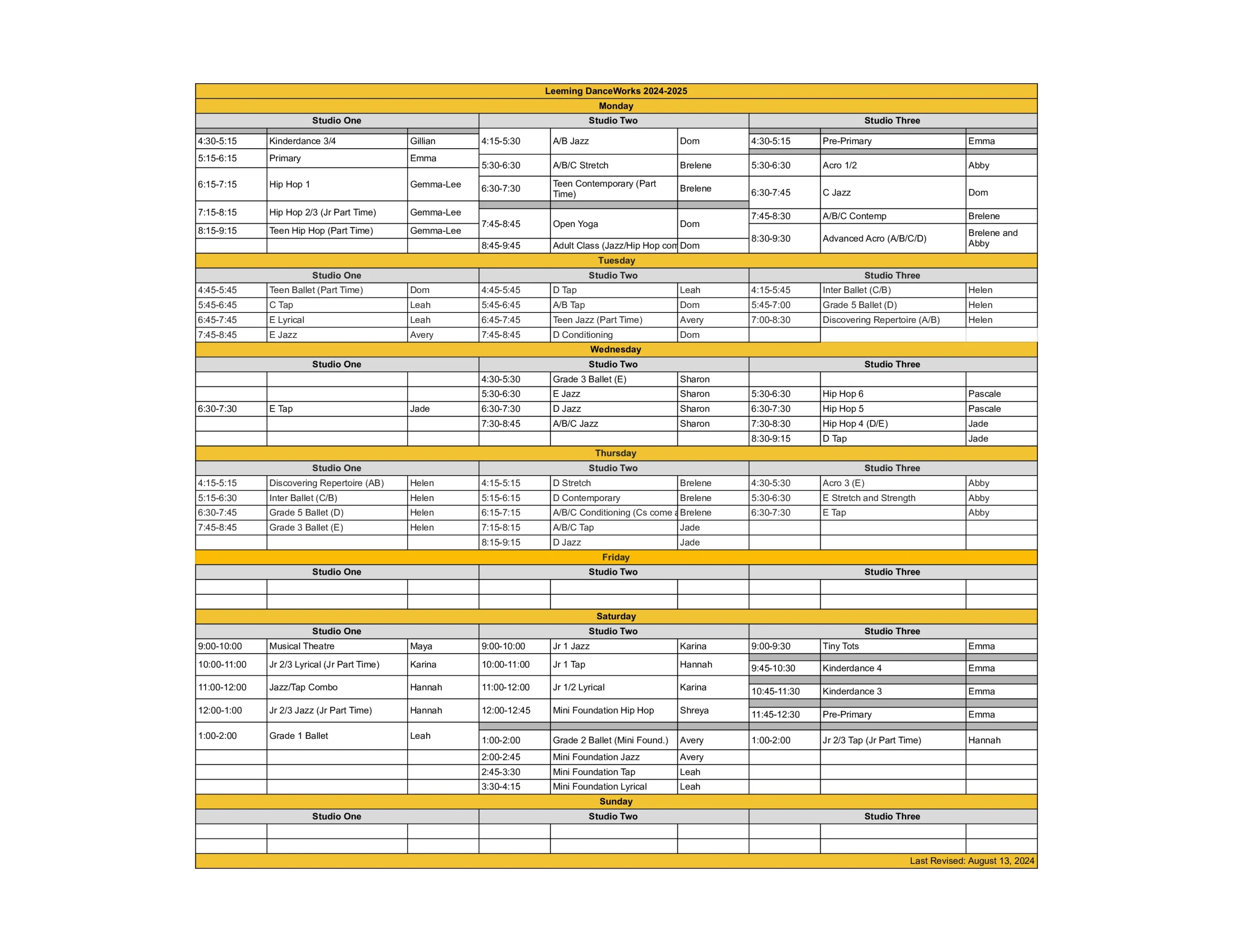 Dance Class Schedule - Leeming DanceWorks